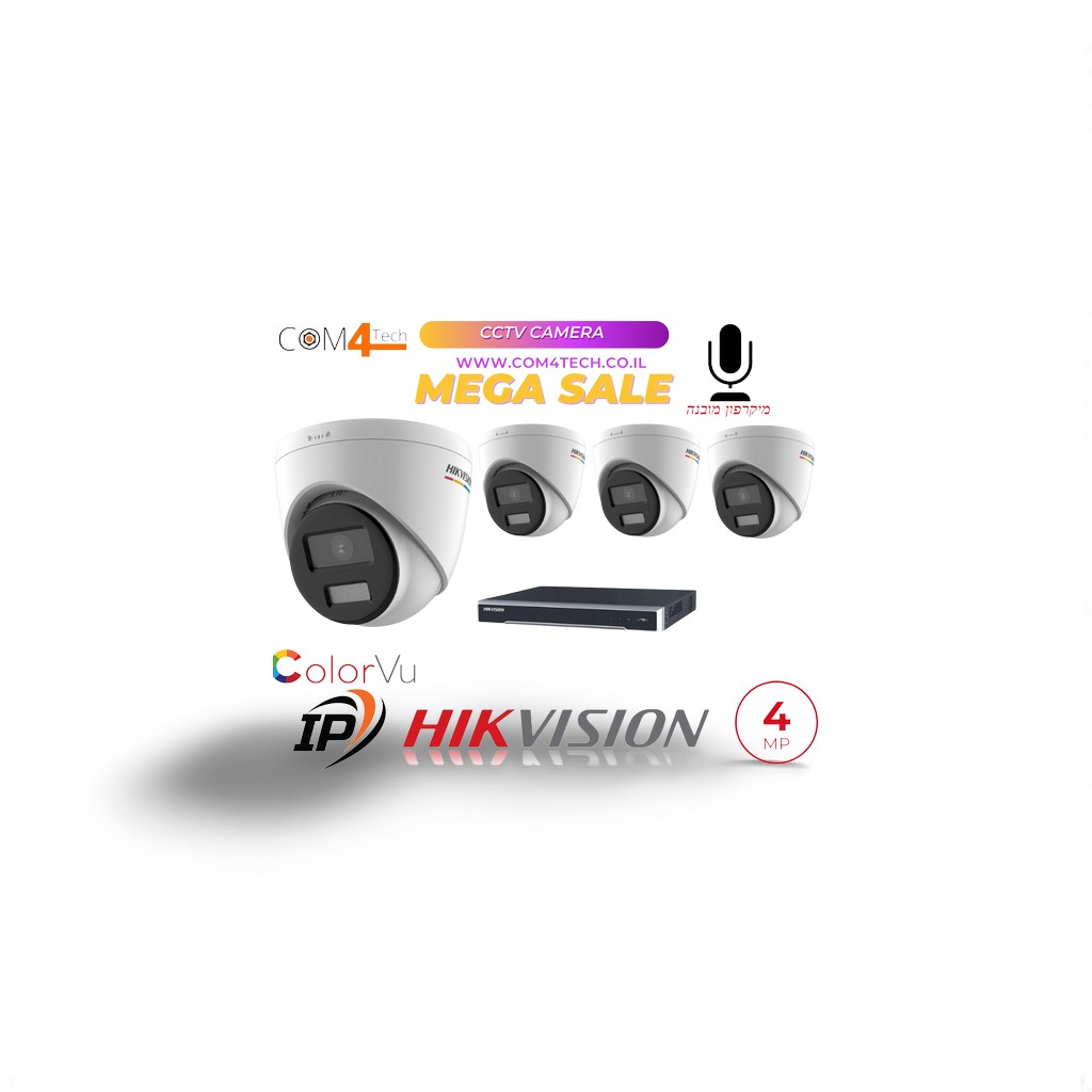 קיט 4 מצלמות IP צינור Hikvision ColorVu 4MP NVR 8CH